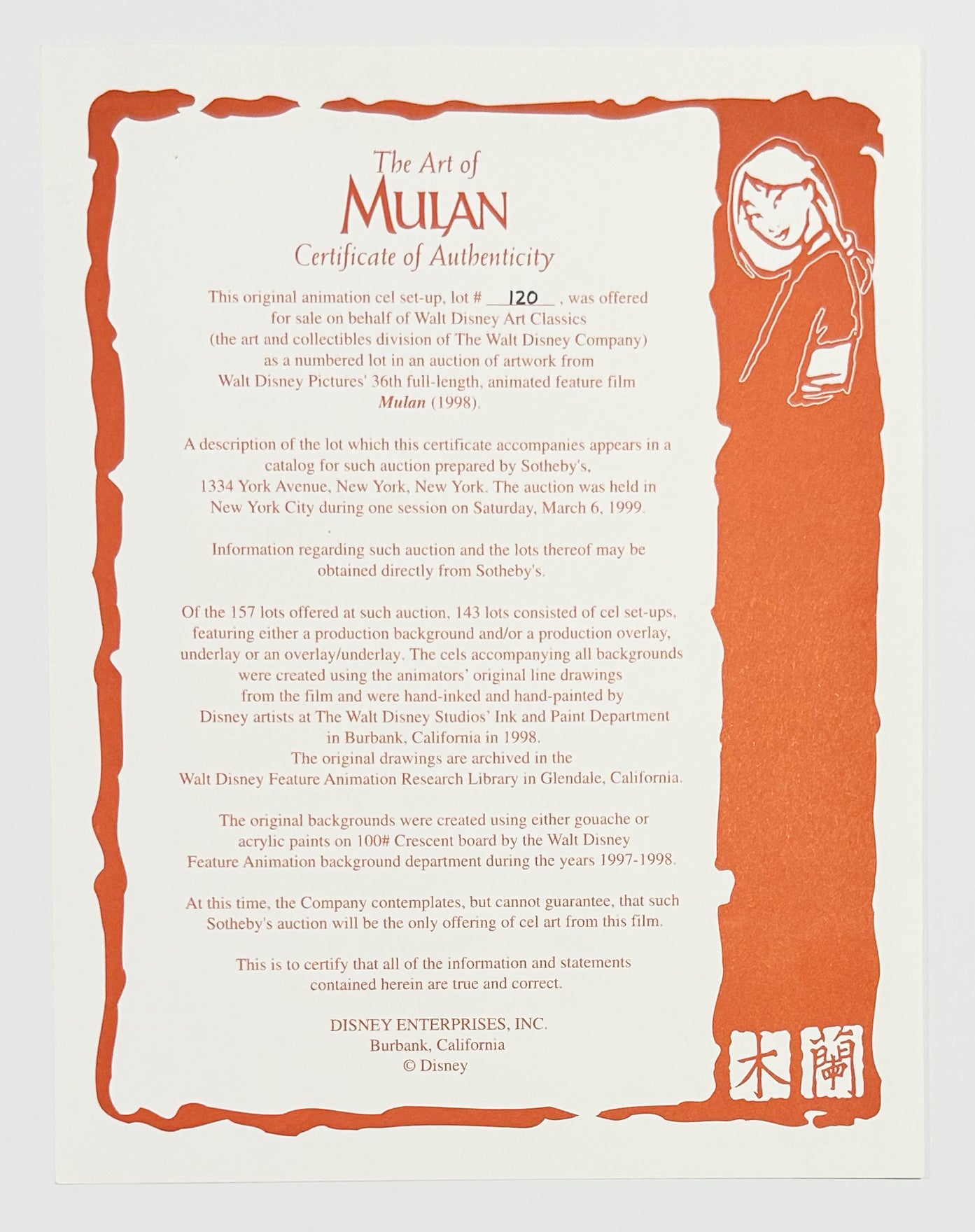 Original Walt Disney Two Cel Set-Up from Mulan featuring Mulan (1998 ...