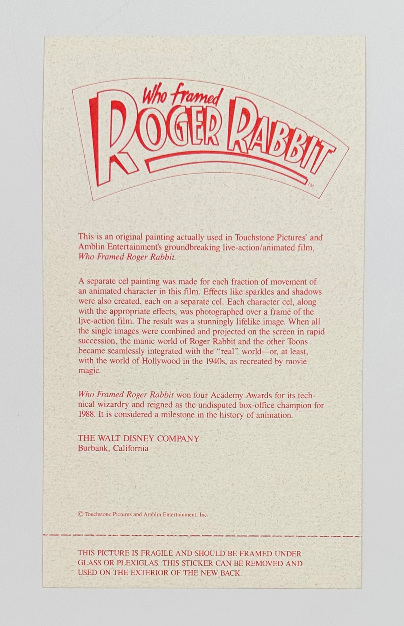 Original Walt Disney Production Cel from Who Framed Roger Rabbit? feat ...