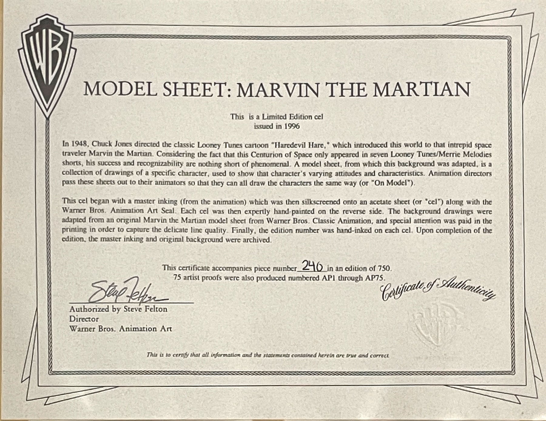Warner Brothers Limited Edition Model Sheet: Marvin the Martian (1996 ...