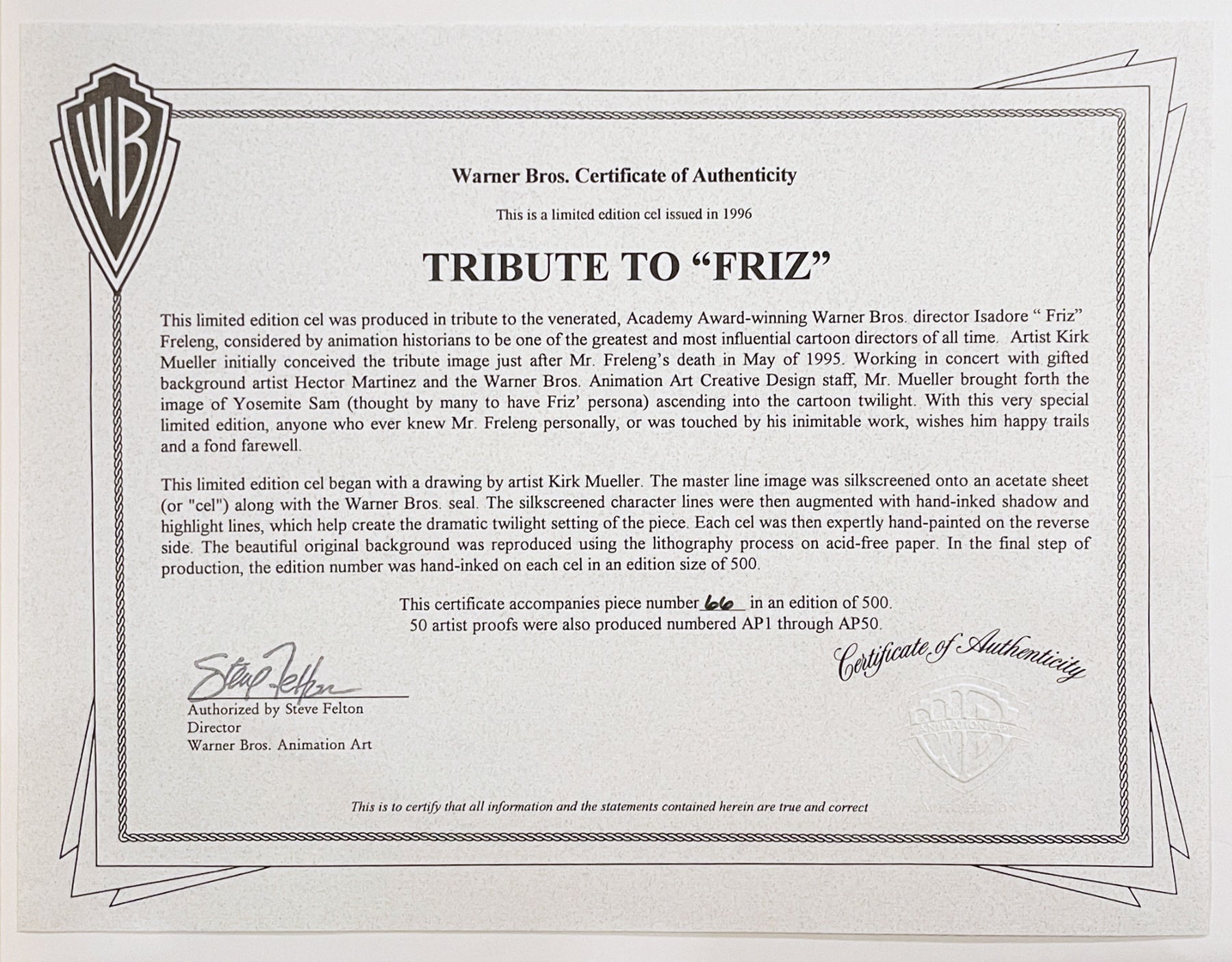 Warner Brothers Limited Edition Cel "Tribute to 'Friz'" featuring Yose ...